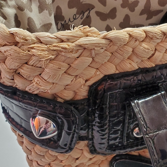 Guess | Bags | Guess Straw Tote Purse In Natural With Black Patent ...